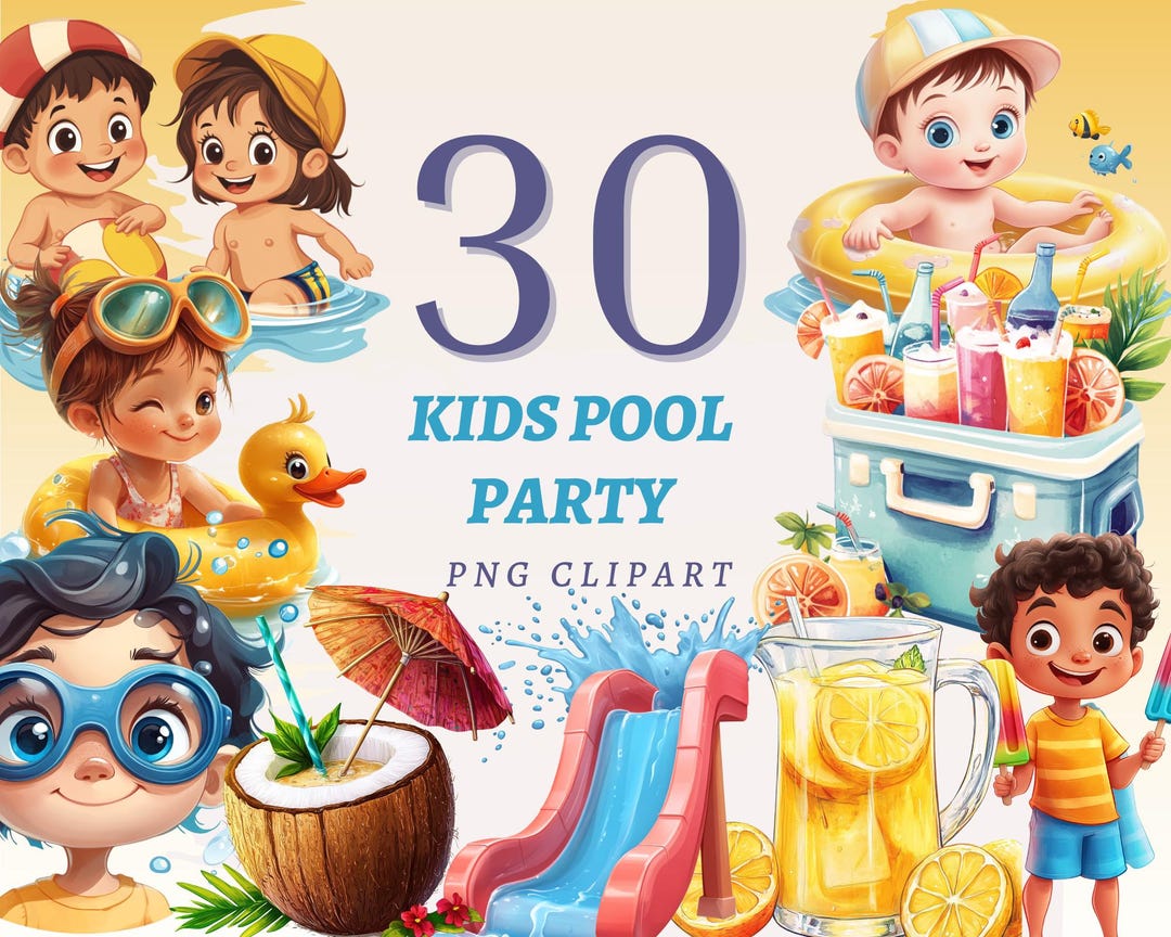 30 Kids Pool Party Clipart Summer PNG Birthday Fun Print Girl and Boy ...