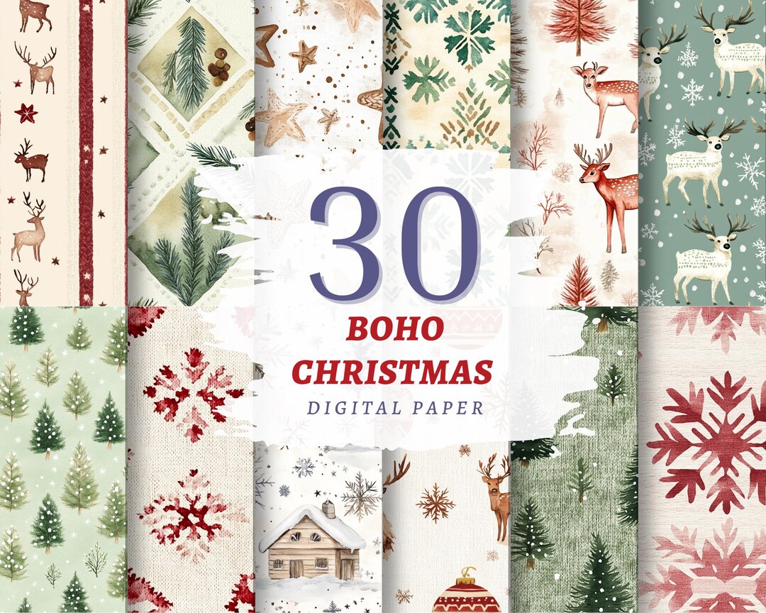 Boho Christmas Digital Paper Set, Neutral Seamless Holiday Backgrounds ...