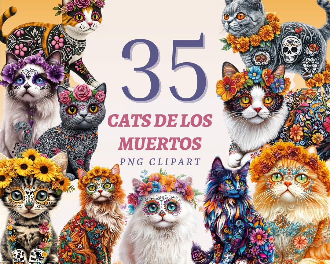 35 Cats De Los Muertos Clipart Colorful Sugar Skull Kitten PNG Set ...
