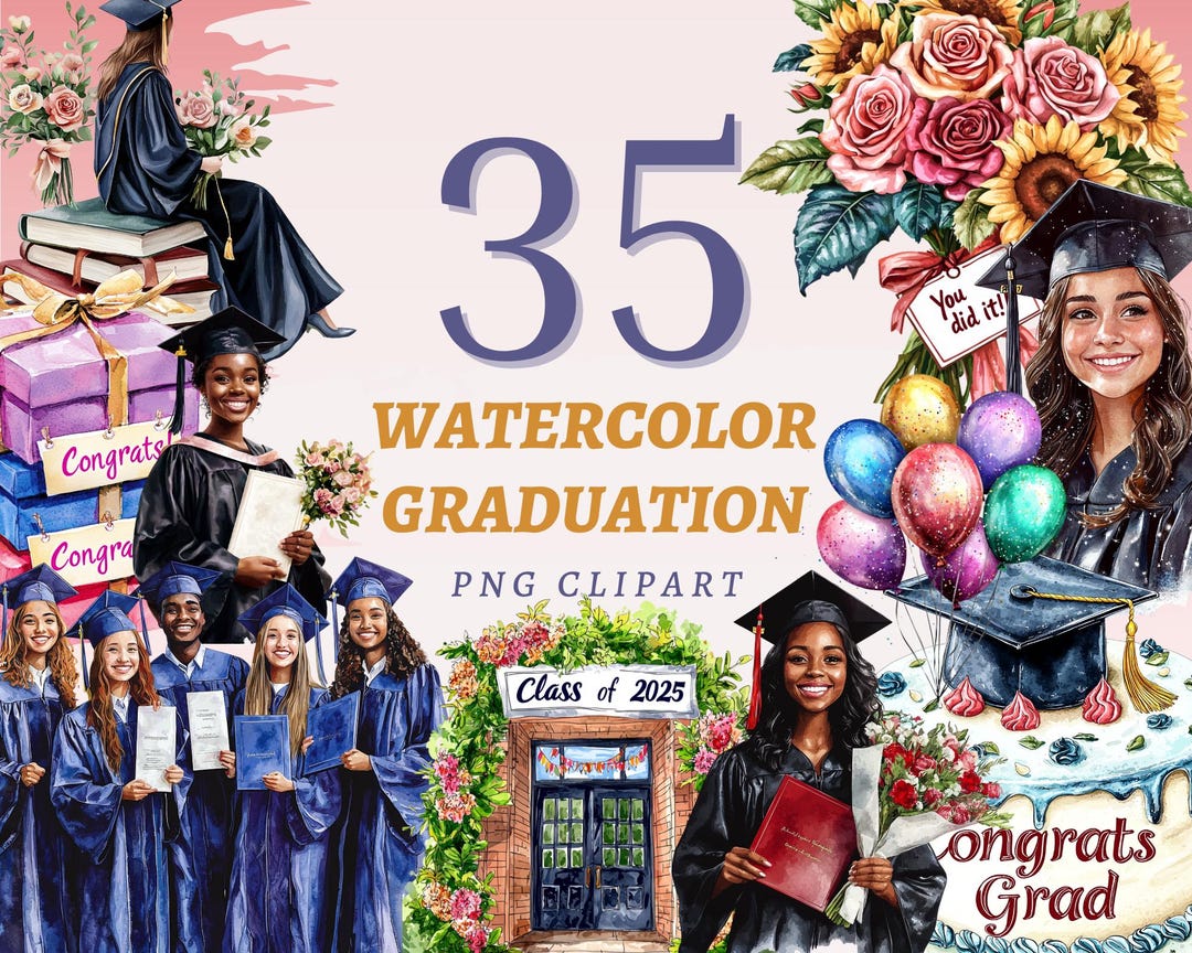 35 Watercolor Graduation Clipart College Celebration Printable Graphic ...