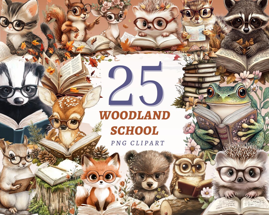 25 Woodland School Animals Clipart Set, Cute Studying Forest Creatures ...