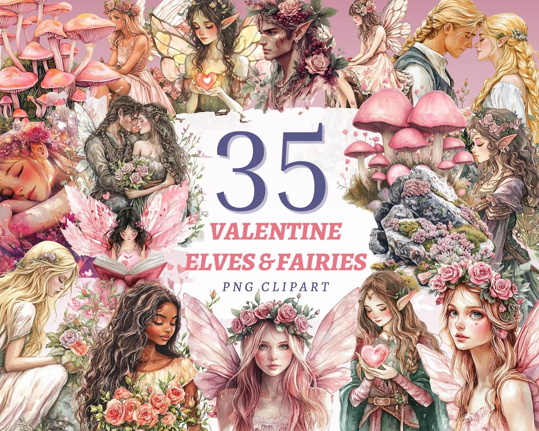 35 Valentine Elves and Fairies Clipart Romantic Fantasy Love Characters ...