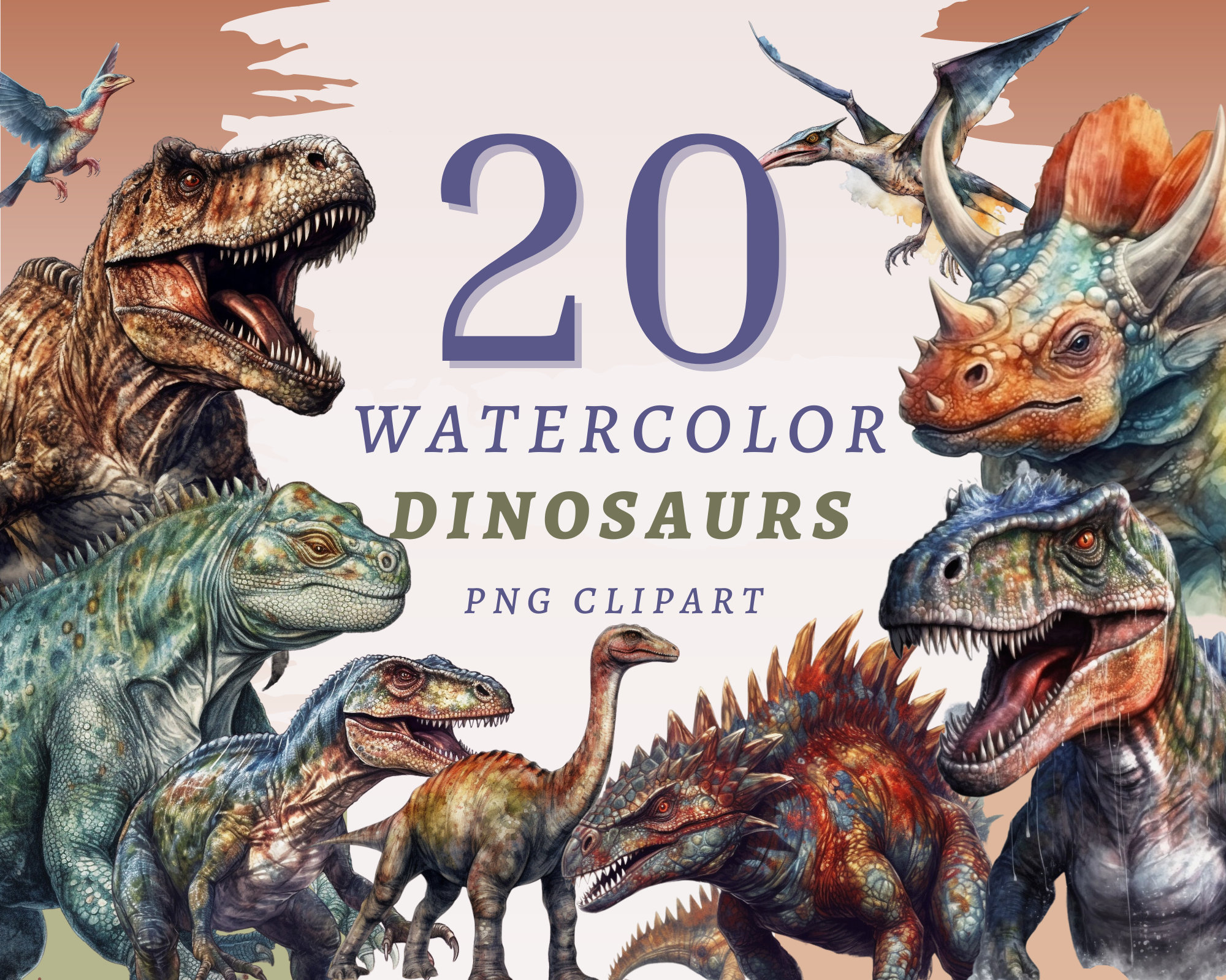 20 Watercolor Dinosaurs Clipart High Quality Transparent - Etsy