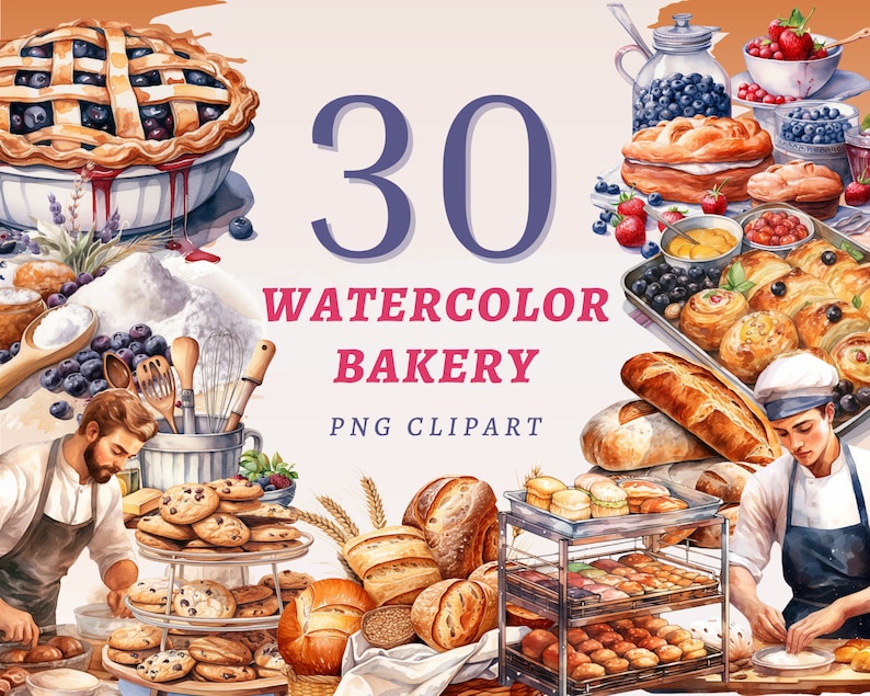 30 Watercolor Bakery Clipart, High Quality Transparent Pngs, Instant ...