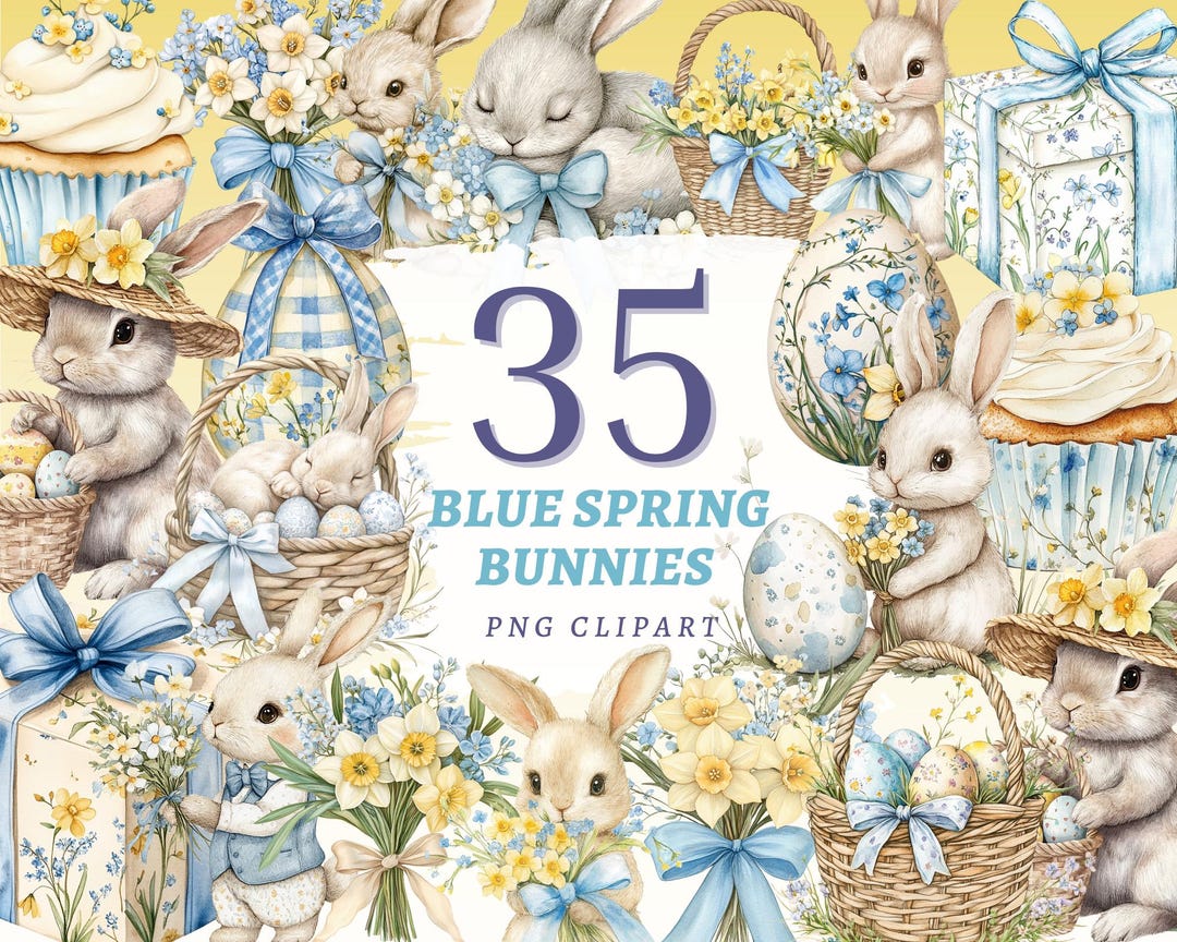 35 Blue Spring Bunny Clipart Pack, Easter Rabbit Floral PNG Set ...