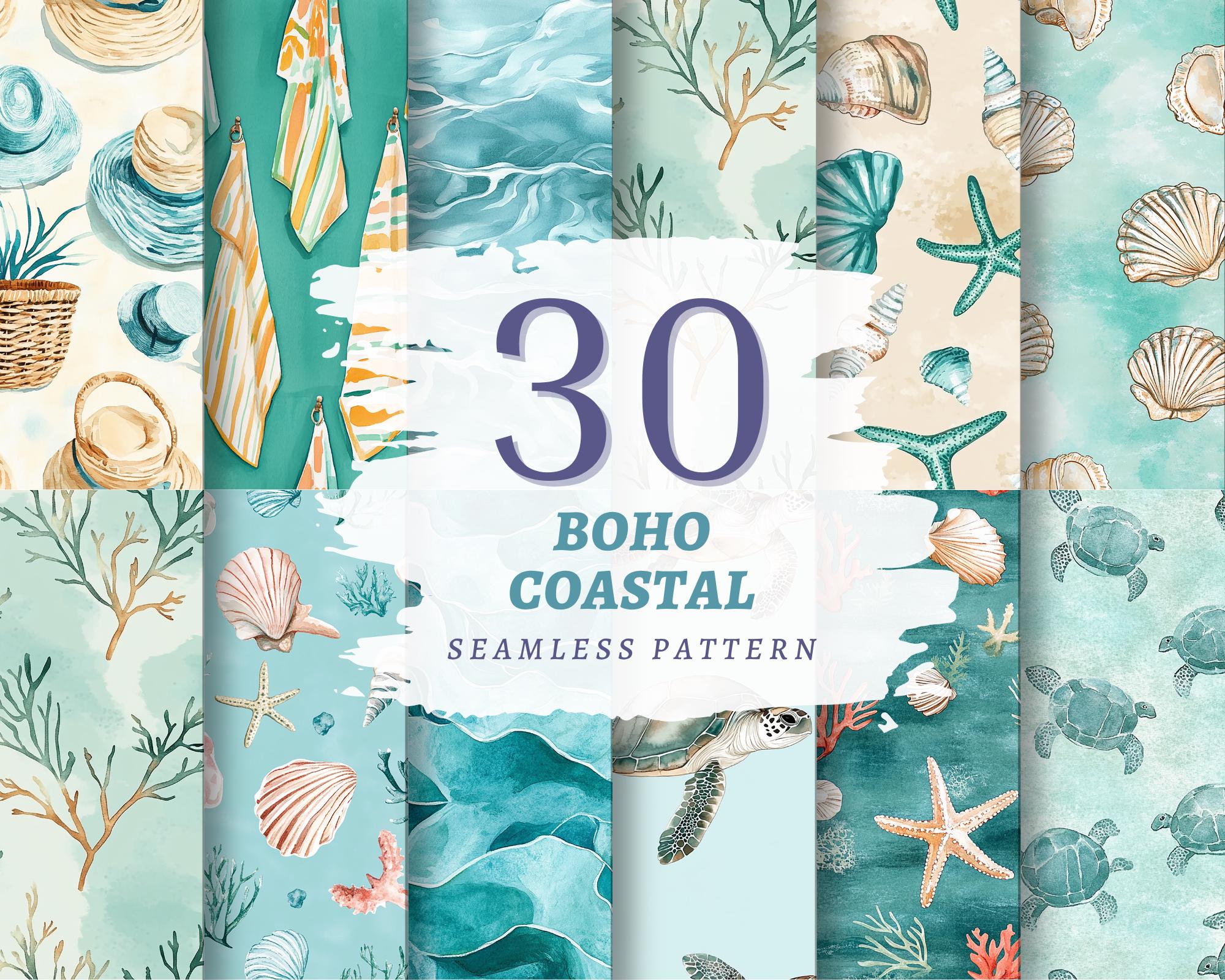 Boho Coastal Seamless Pattern Pack Nautical Beach Shells Waves Turtles ...