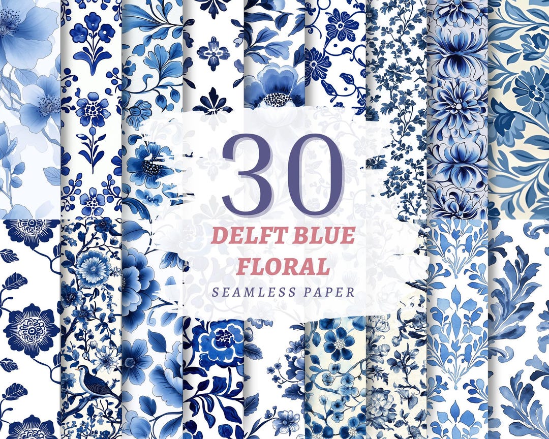 Delft Blue Floral Digital Paper, Seamless Florals Pages, High Quality ...