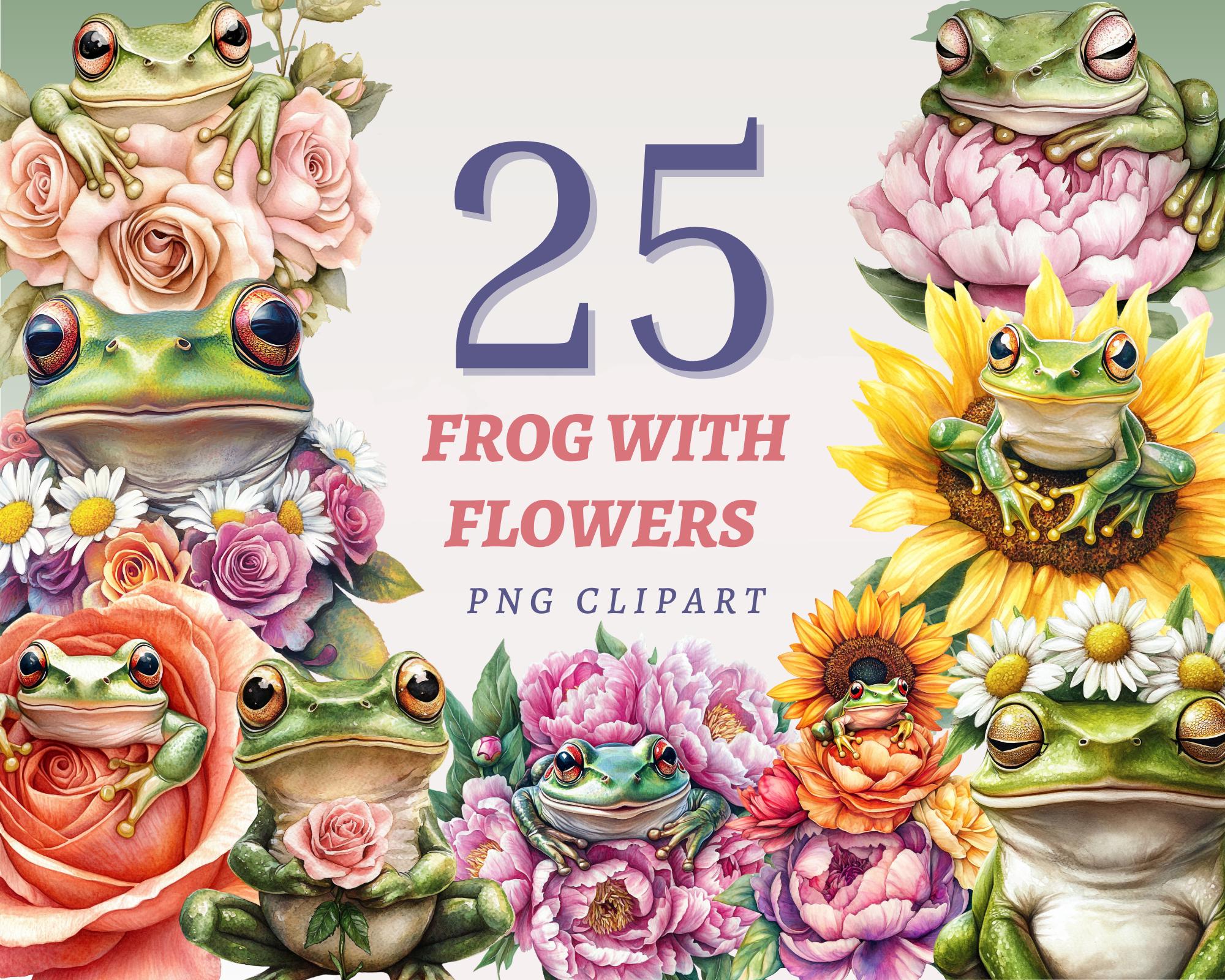 25 Frog With Flowers Clipart Cute Watercolor Baby Frog Floral Nursery ...