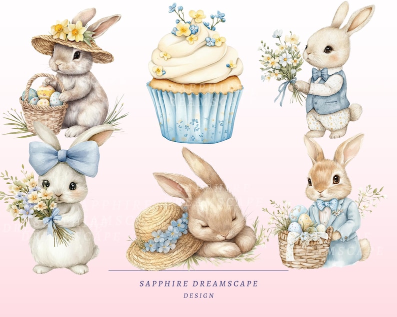 35 Blue Spring Bunny Clipart Pack, Easter Rabbit Floral PNG Set ...