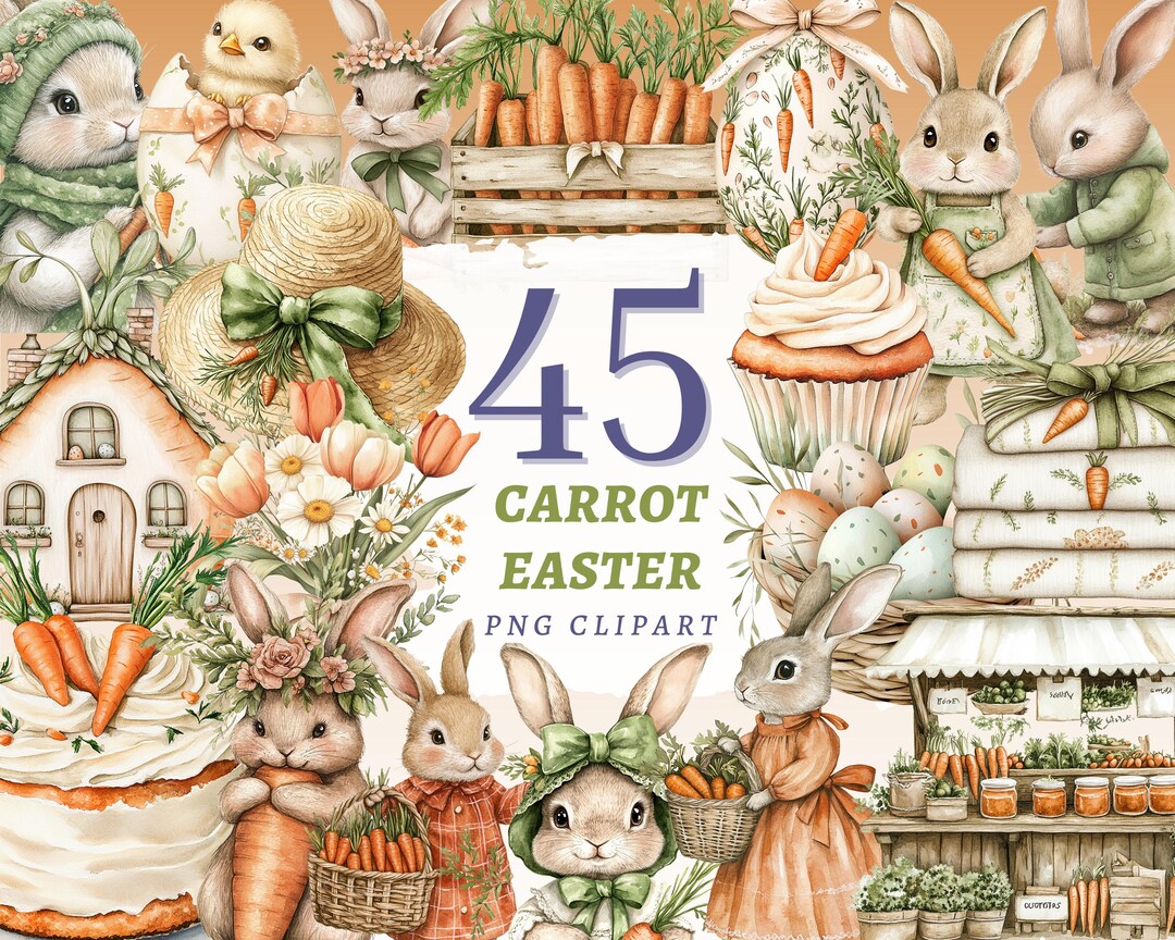 45 Carrot Easter Bunny Clipart Bundle, Spring Watercolor PNG Set ...