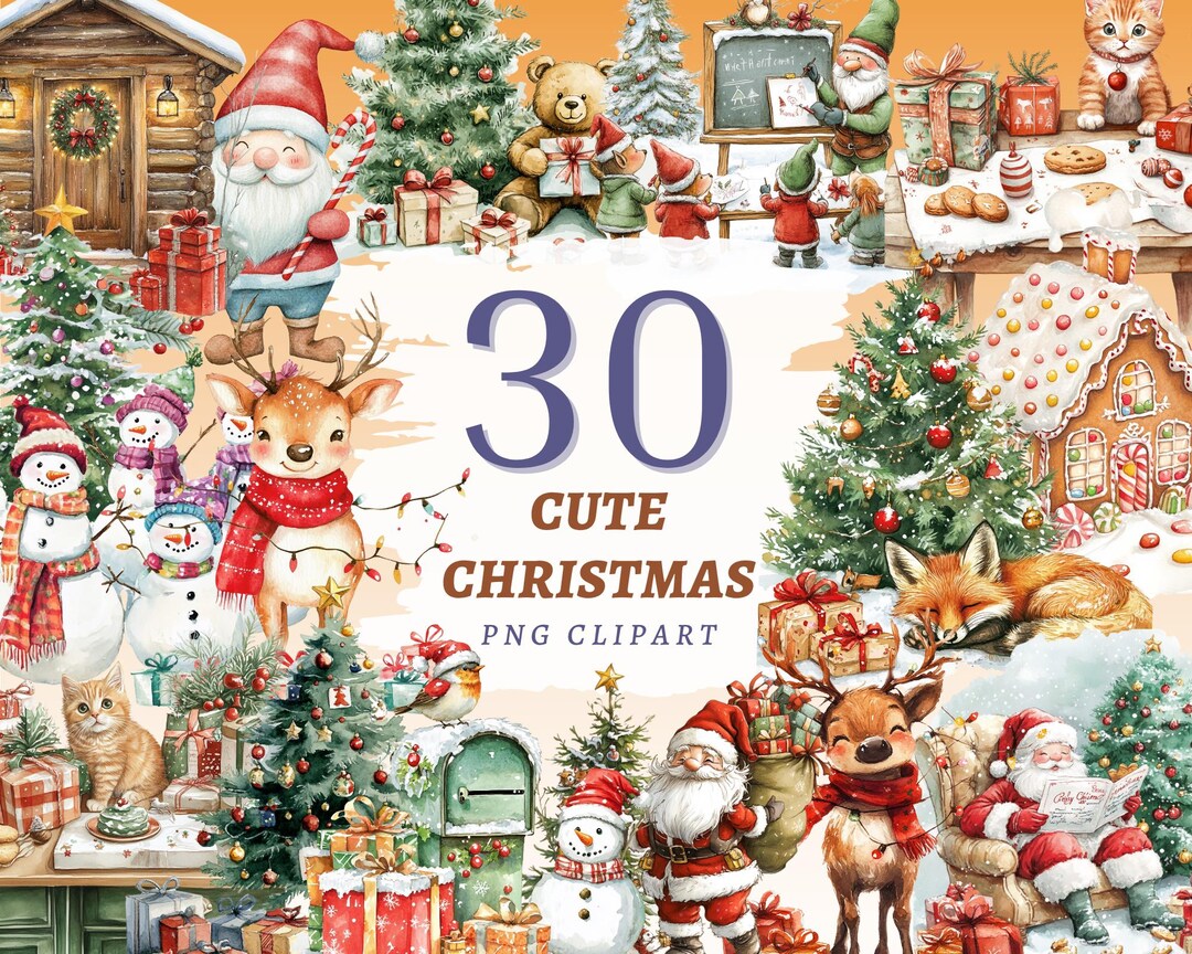 30 Whimsical Christmas Cute Clipart Set, Cozy Holiday Animal ...