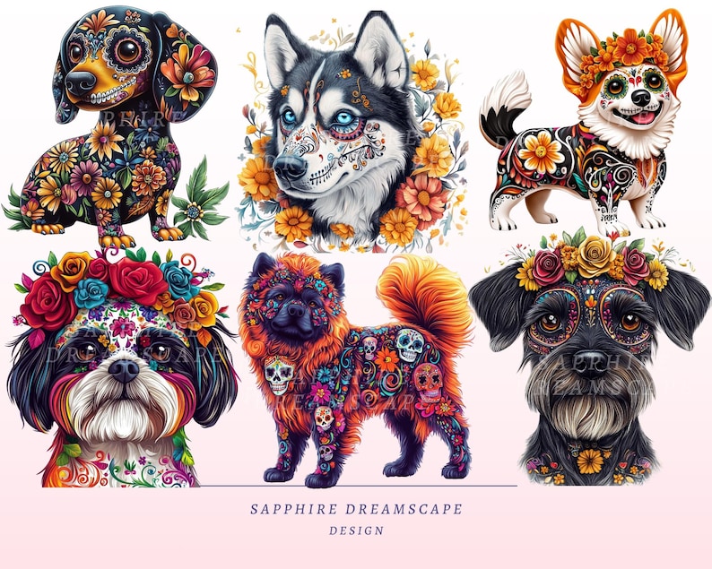 40 Day of the Dead Dog Clipart Colorful Sugar Skull Puppy PNG Set ...