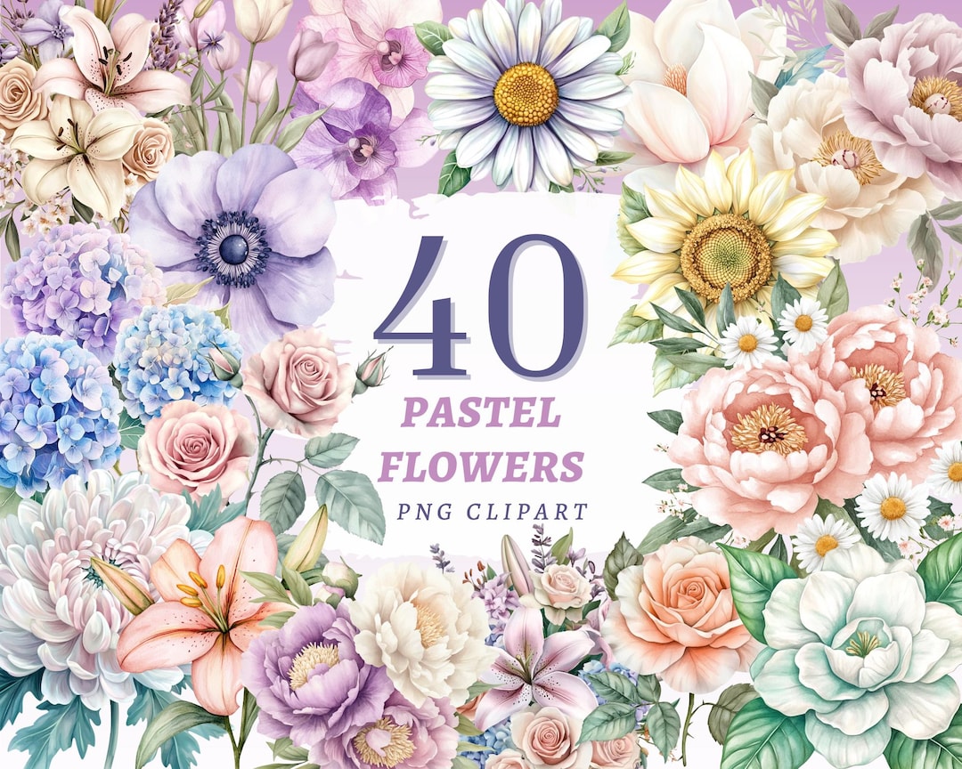 40 Pastel Flower Clipart Set, Soft Botanical Illustrations for Invites ...