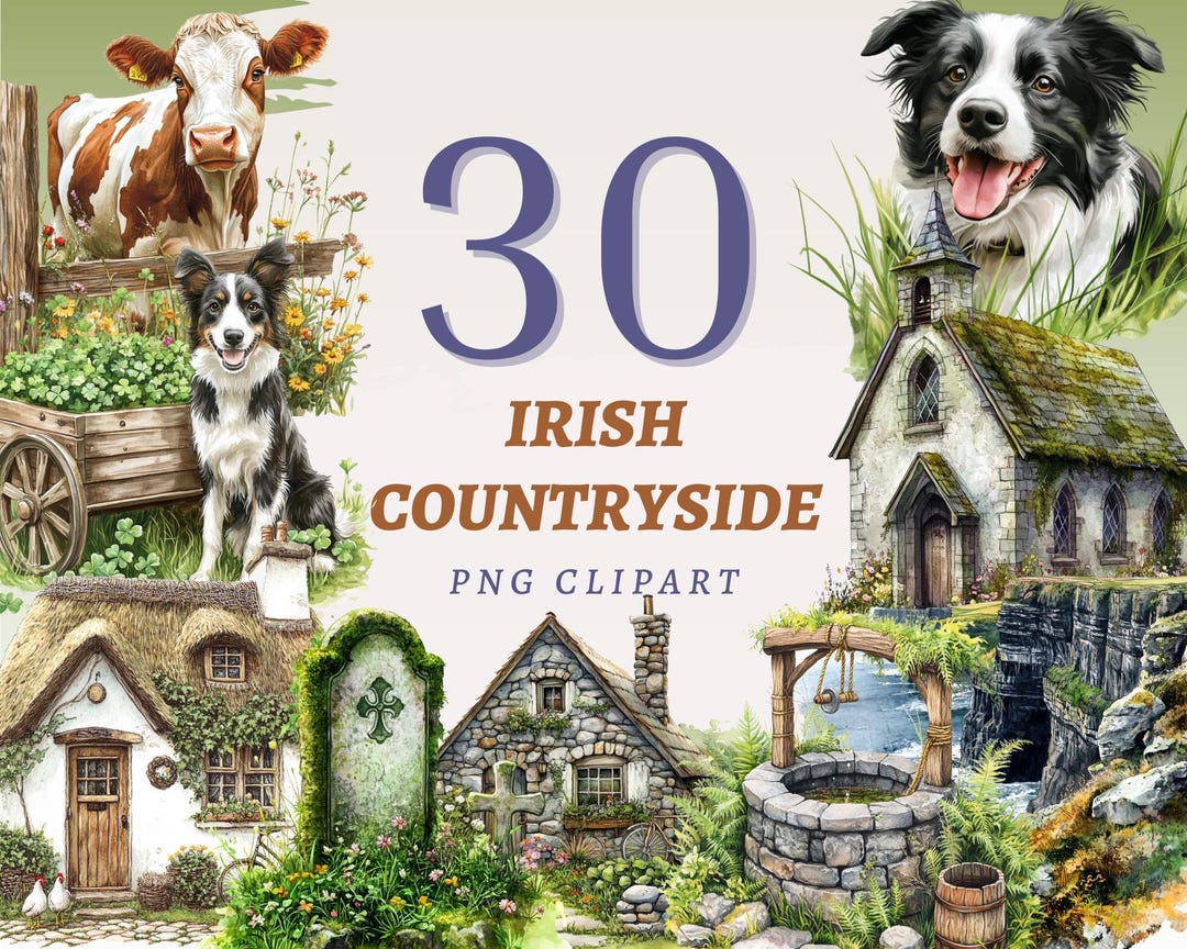 30 Irish Countryside Clipart Watercolor Green Fields Printable Ireland ...