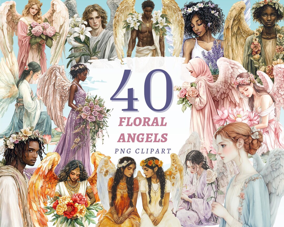 40 Flower Angels Clipart Set, Diverse Winged Figures With Flowers ...