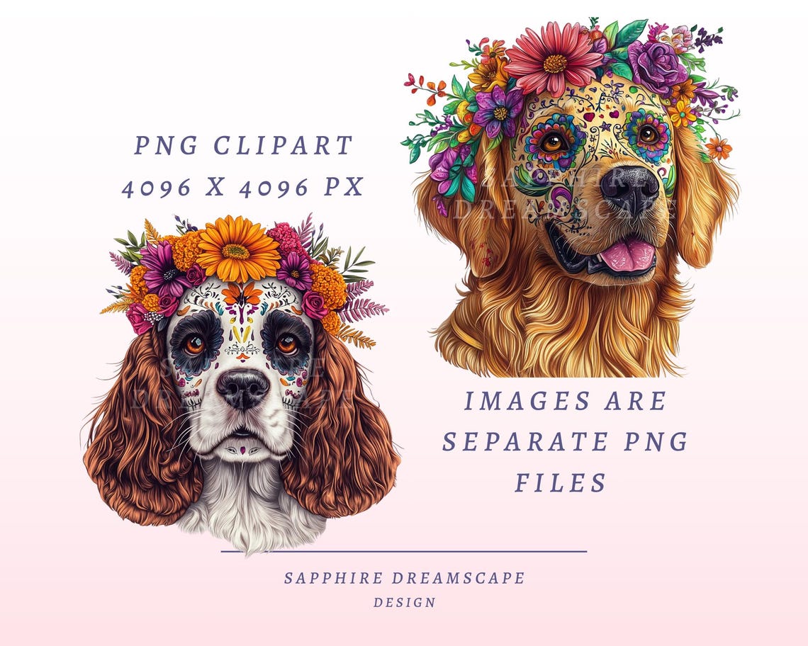 40 Day of the Dead Dog Clipart Colorful Sugar Skull Puppy PNG Set ...