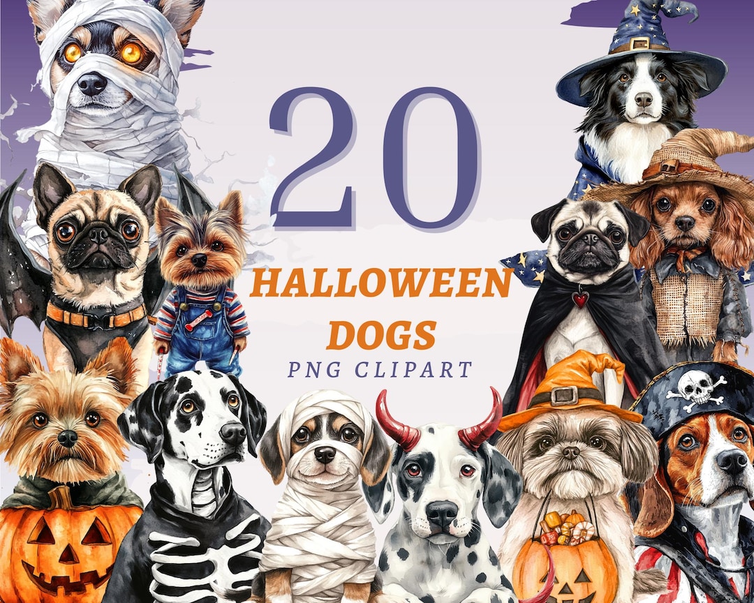 20 Halloween Dogs Clipart Bundle Watercolor Pet Costumes PNG Funny Dog ...