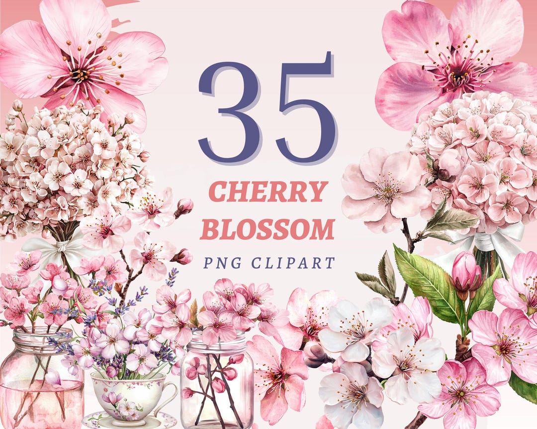 35 Cherry Blossom Clipart Sakura Flower Artwork Bundle Pink Branches ...