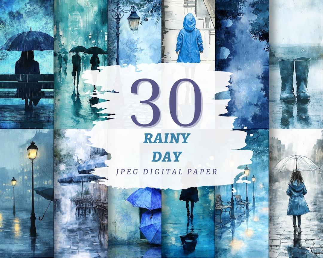 30 Rainy Day Digital Paper Rain Scene Background JPEG Girl With Blue ...