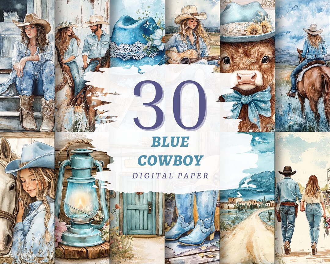 Blue Cowboy Digital Paper Instant Download Commercial Use Wild West ...