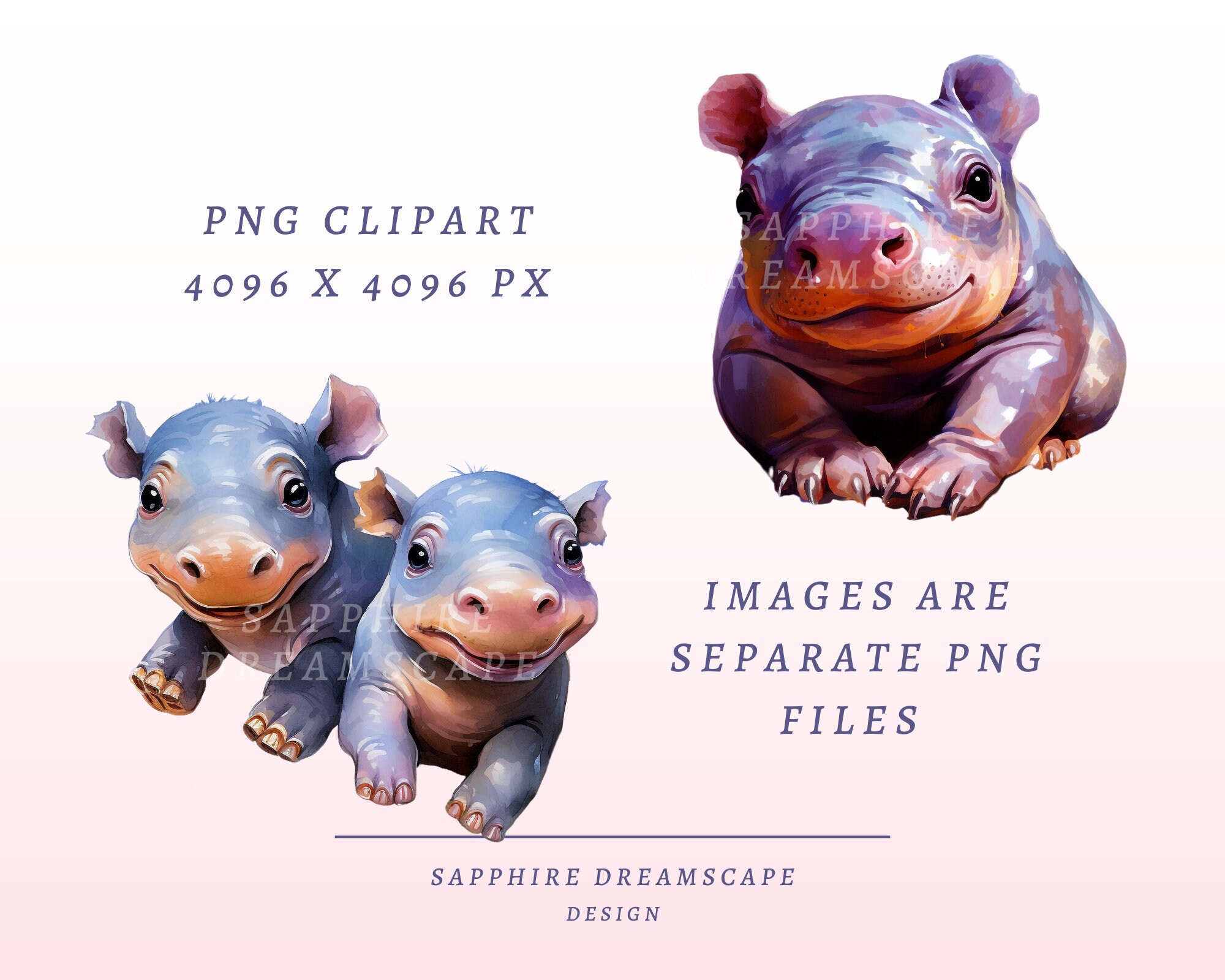 30 Watercolor Baby Hippo Clipart High Quality Transparent - Etsy