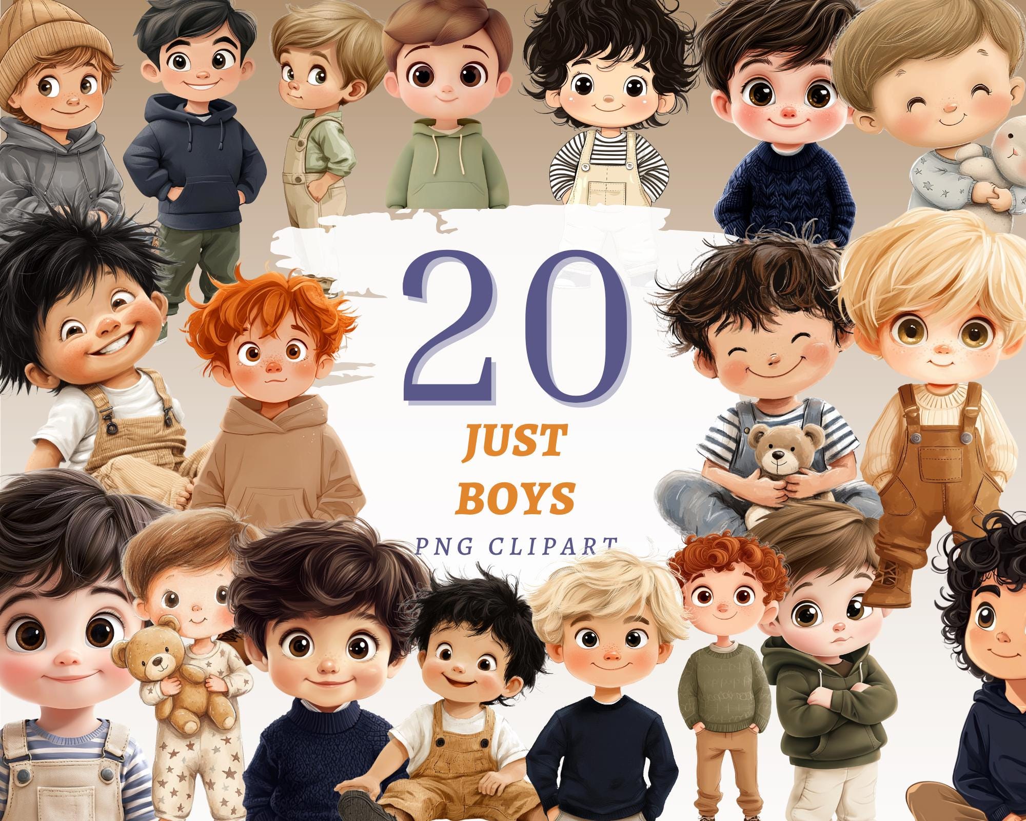 20 Just Boys Clipart, Cute Little Boys Illustration Set, Cartoon ...