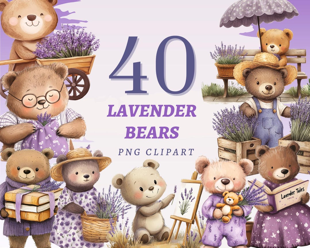 40 Lavender Bears Clipart Nursery Teddy Bear Illustration Soft Purple ...