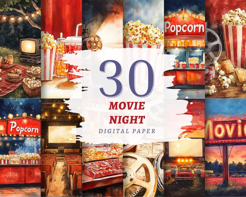 35 Movie Night Digital Paper Pack, Cinema Backgrounds, Popcorn Tickets ...