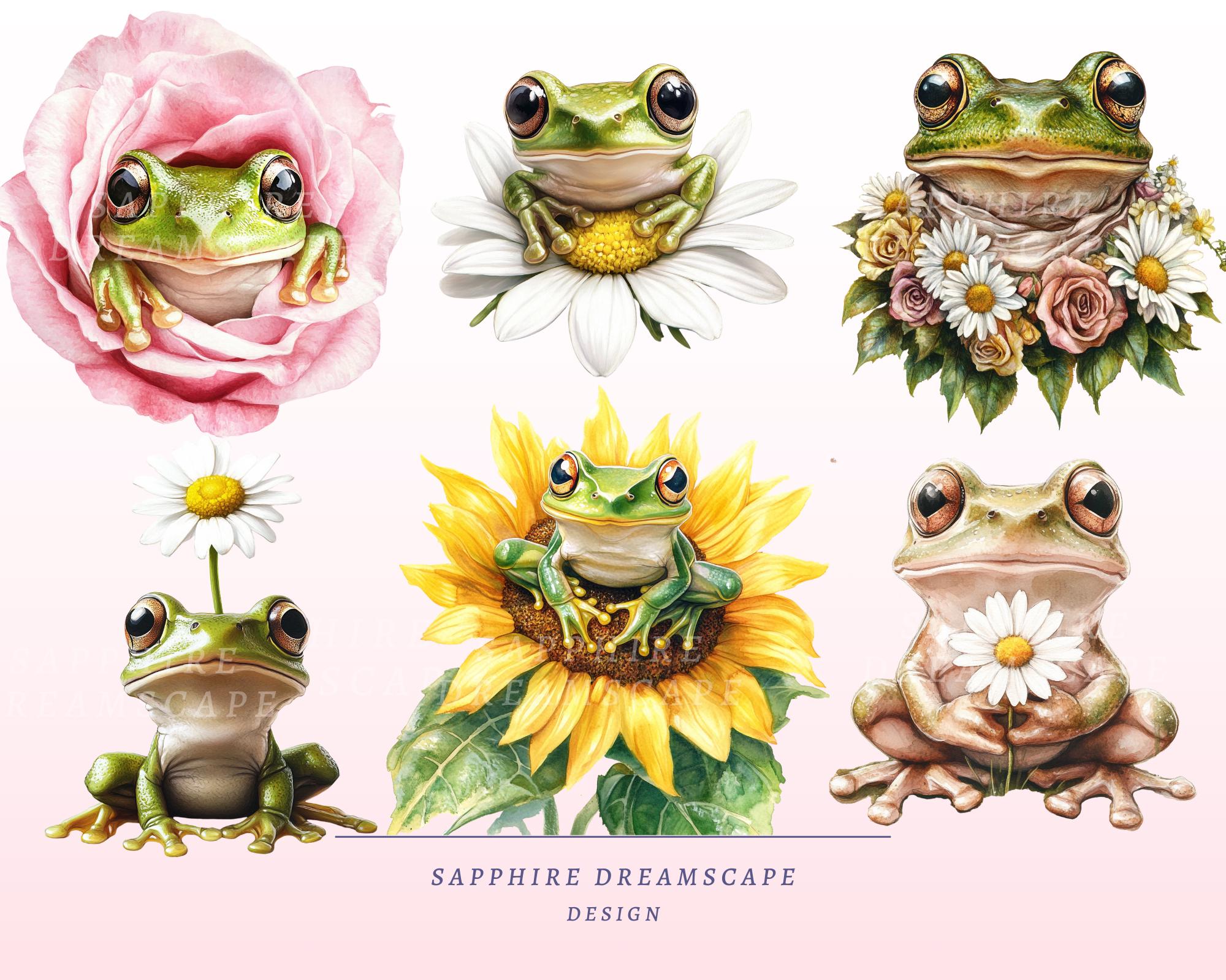 25 Frog With Flowers Clipart Cute Watercolor Baby Frog Floral Nursery ...