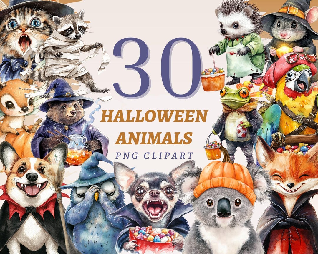 30 Halloween Animals Clipart Set With Cute Spooky Creatures, Watercolor ...