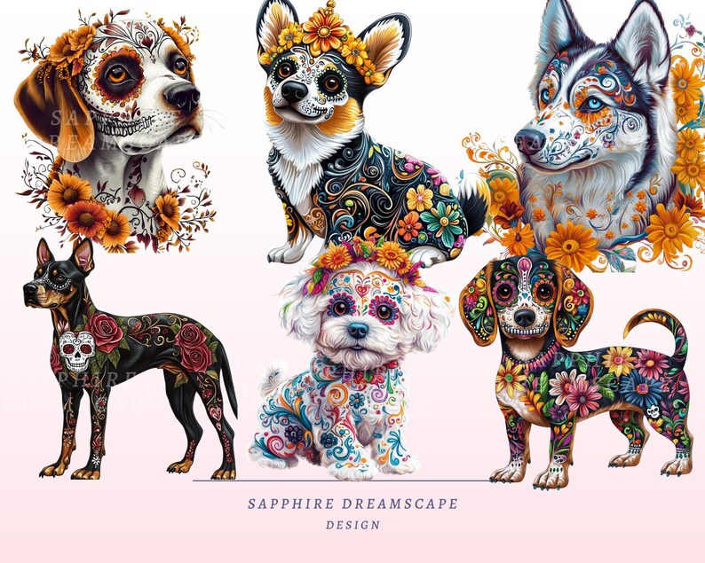 40 Day of the Dead Dog Clipart Colorful Sugar Skull Puppy PNG Set ...