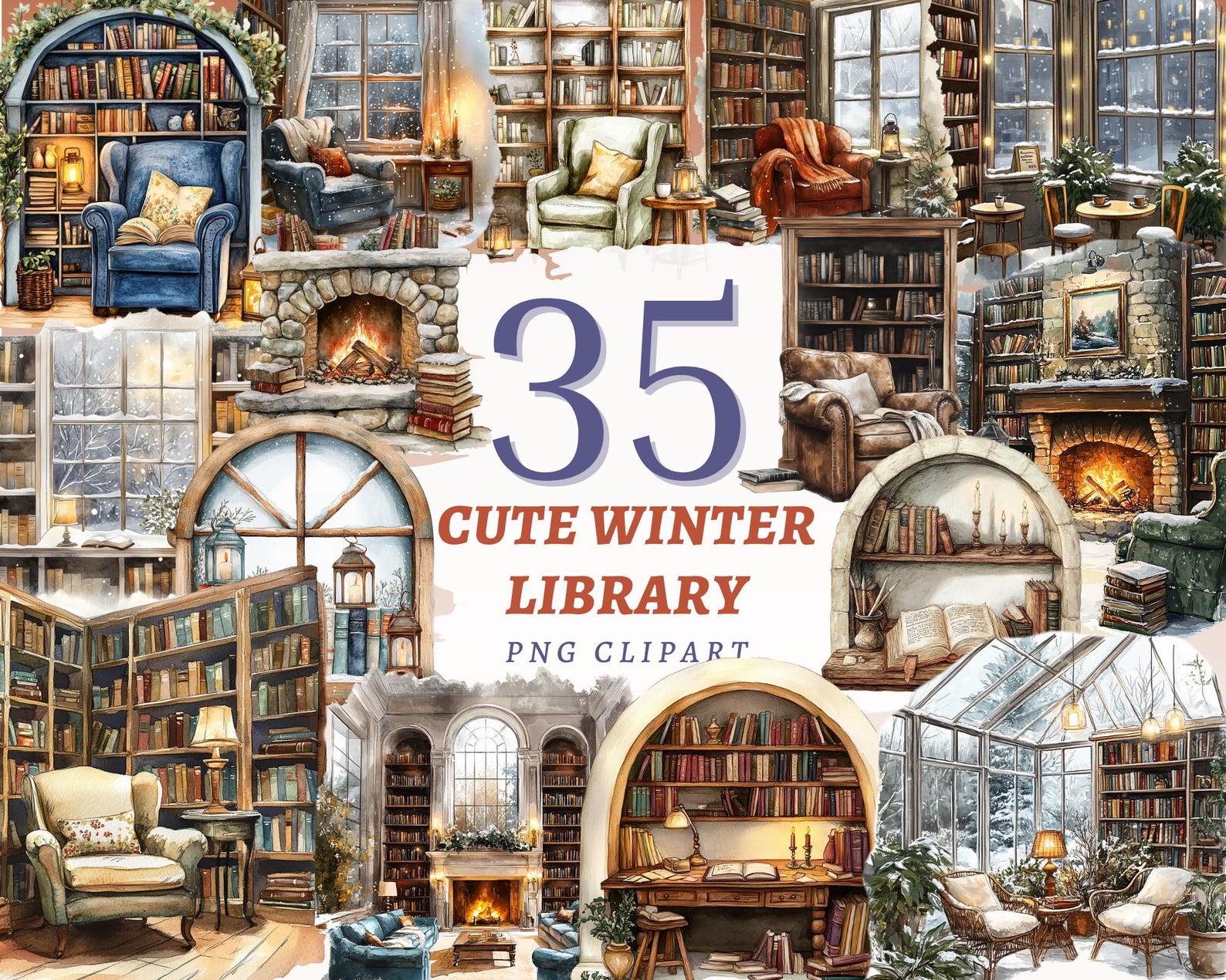 35 Cute Winter Library Clipart PNG Bundle, Cozy Home Bookshelves ...