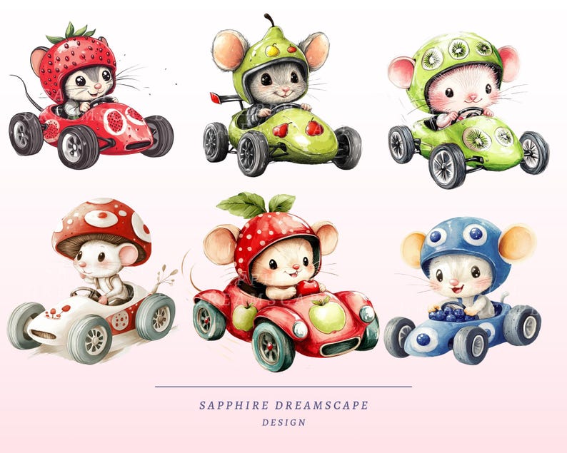 20 Mice Fruit Race Clipart Cute Mouse Artwork Bundle Baby Cars ...
