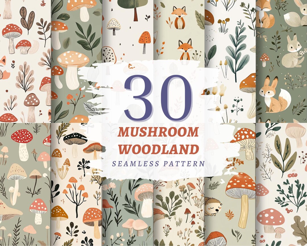 Mushroom Woodland Seamless Digital Paper Pastel Forest Nature Pattern ...