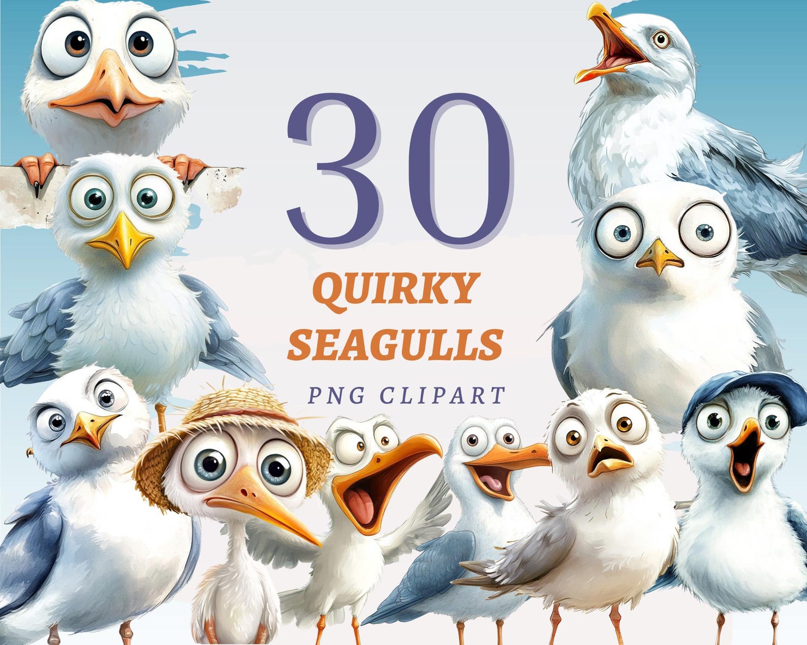 30 Quirky Seagulls Clipart Funny Cartoon Gulls With Crazy Expressions ...