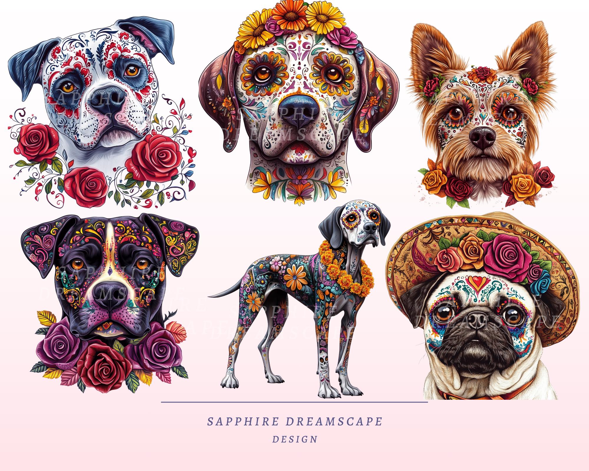 40 Day of the Dead Dog Clipart Colorful Sugar Skull Puppy PNG Set ...