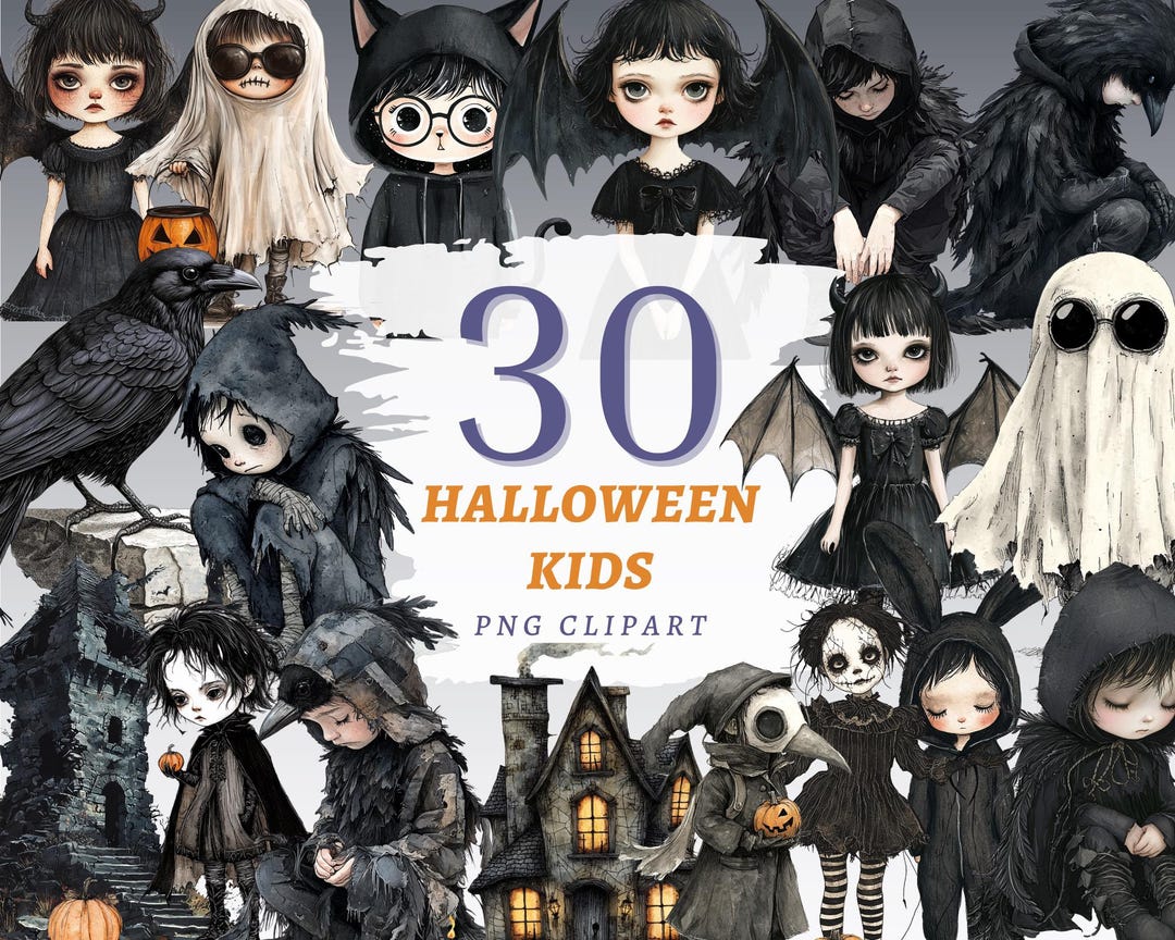 30 Halloween Kids Clipart Set Cute Trick or Treat Characters Watercolor ...