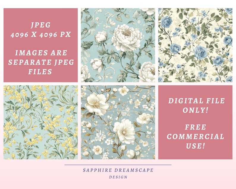 Vintage Blue Floral Digital Paper, Instant Download, Commercial Use ...