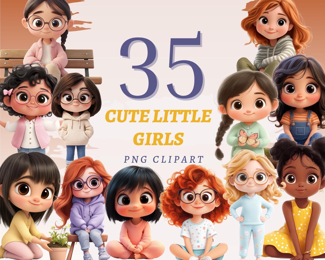 35 Cute Little Girls Clipart Adorable Disney Style Child Bundle Pixar ...