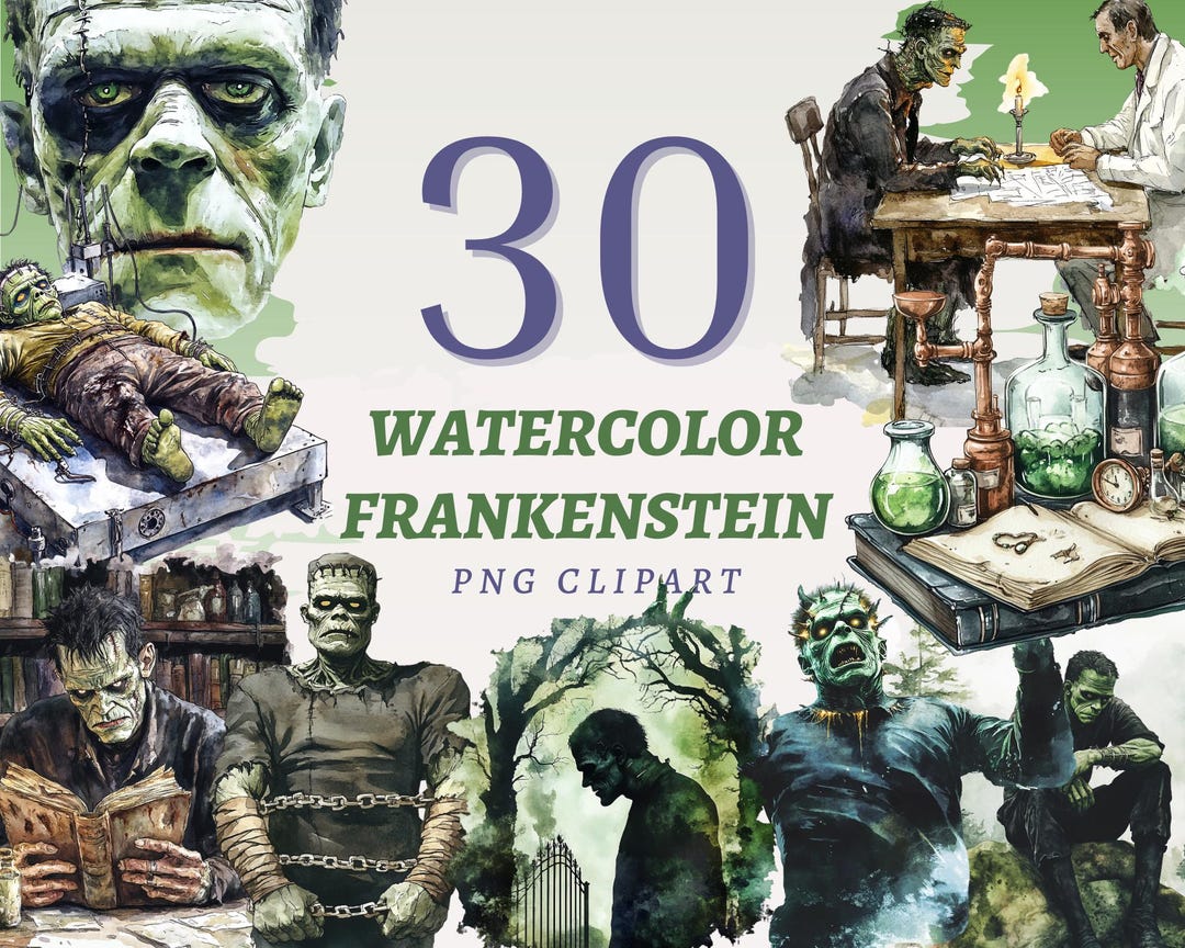 30 Watercolor Frankenstein Clipart Set, Dark Horror Art, Mad Scientist ...
