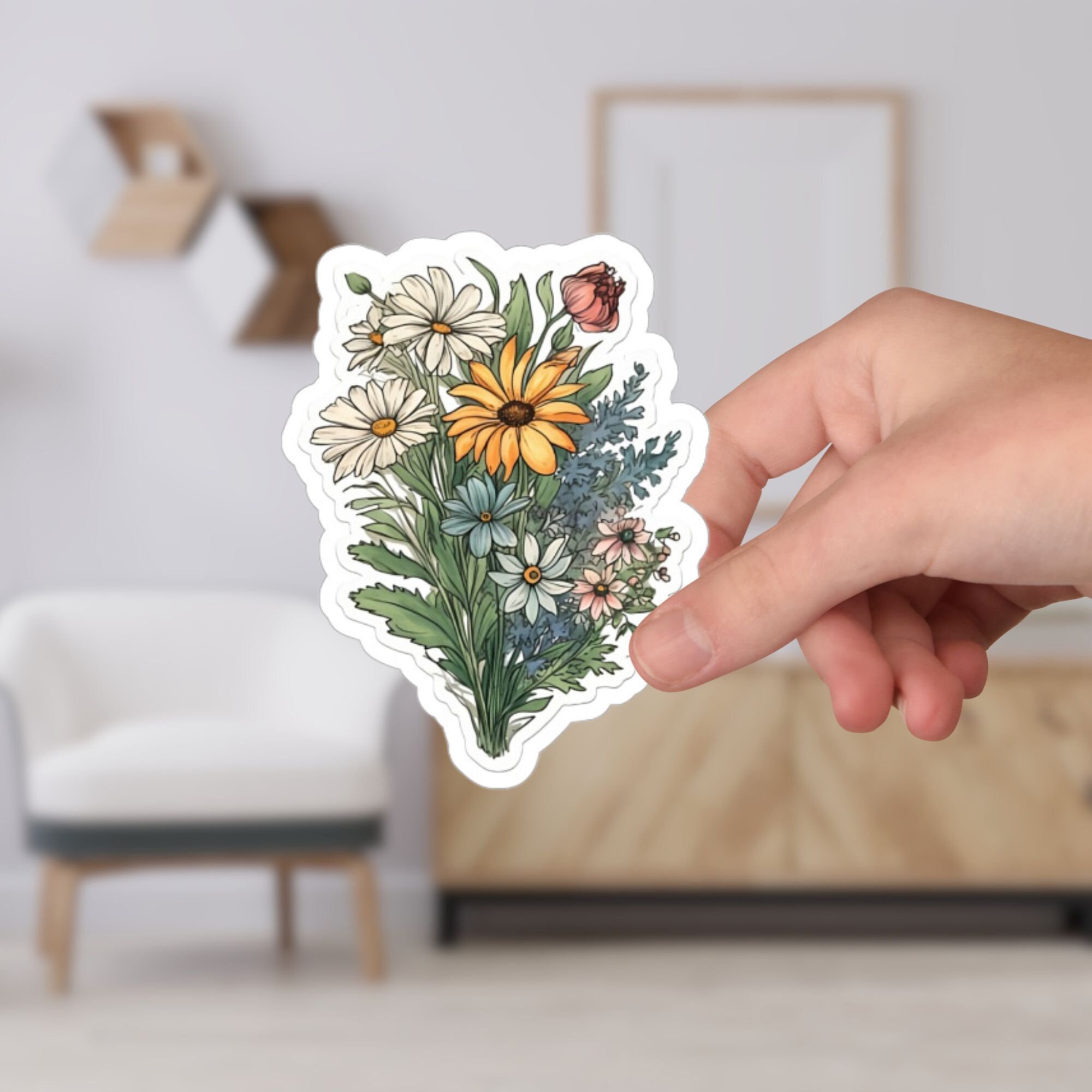 Wildflower Bunch Sticker, Retro Flower Sticker, Watercolor Flower ...