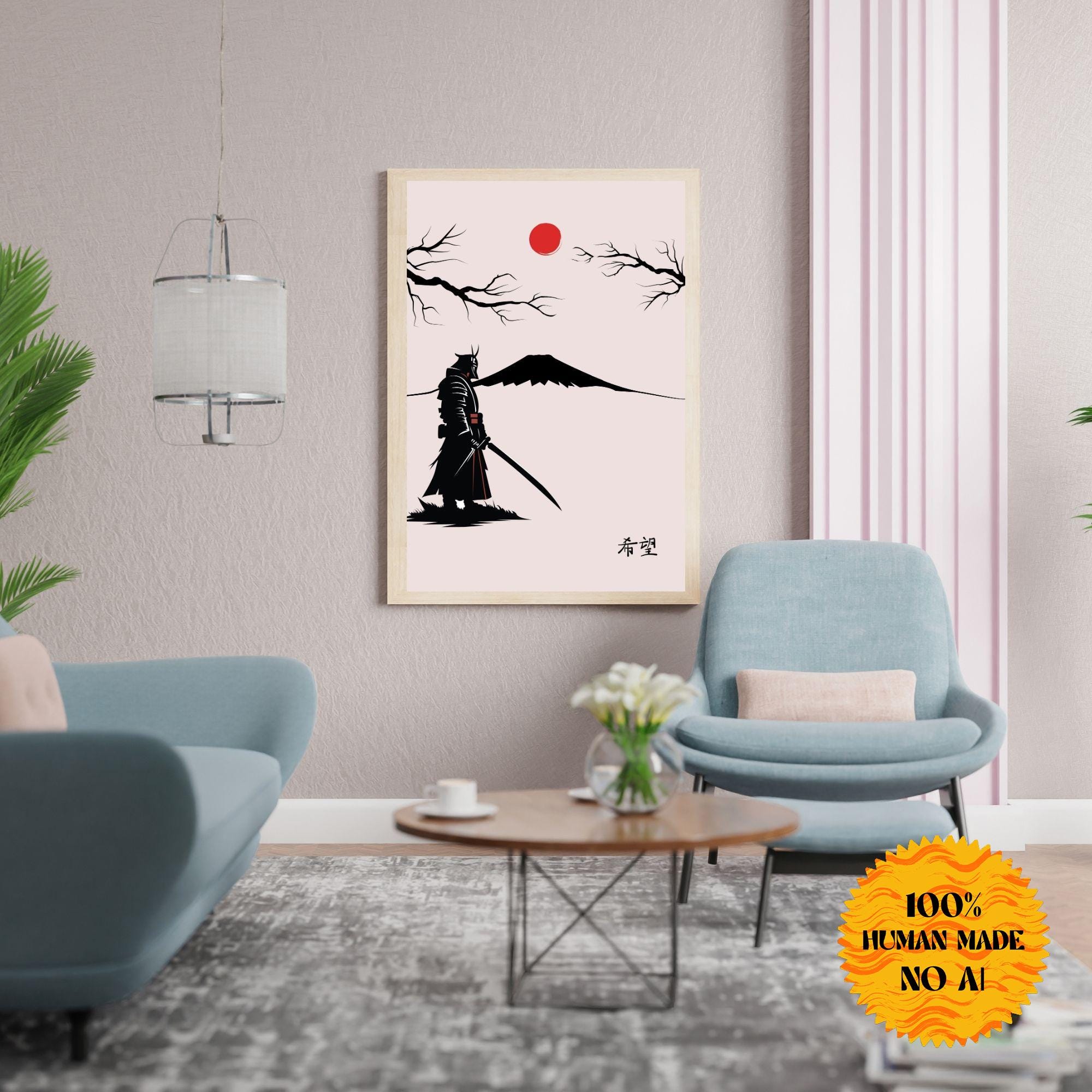 Samurai and Mount Fuji Wall Art – Japanese Minimalist Ink Style – Red ...