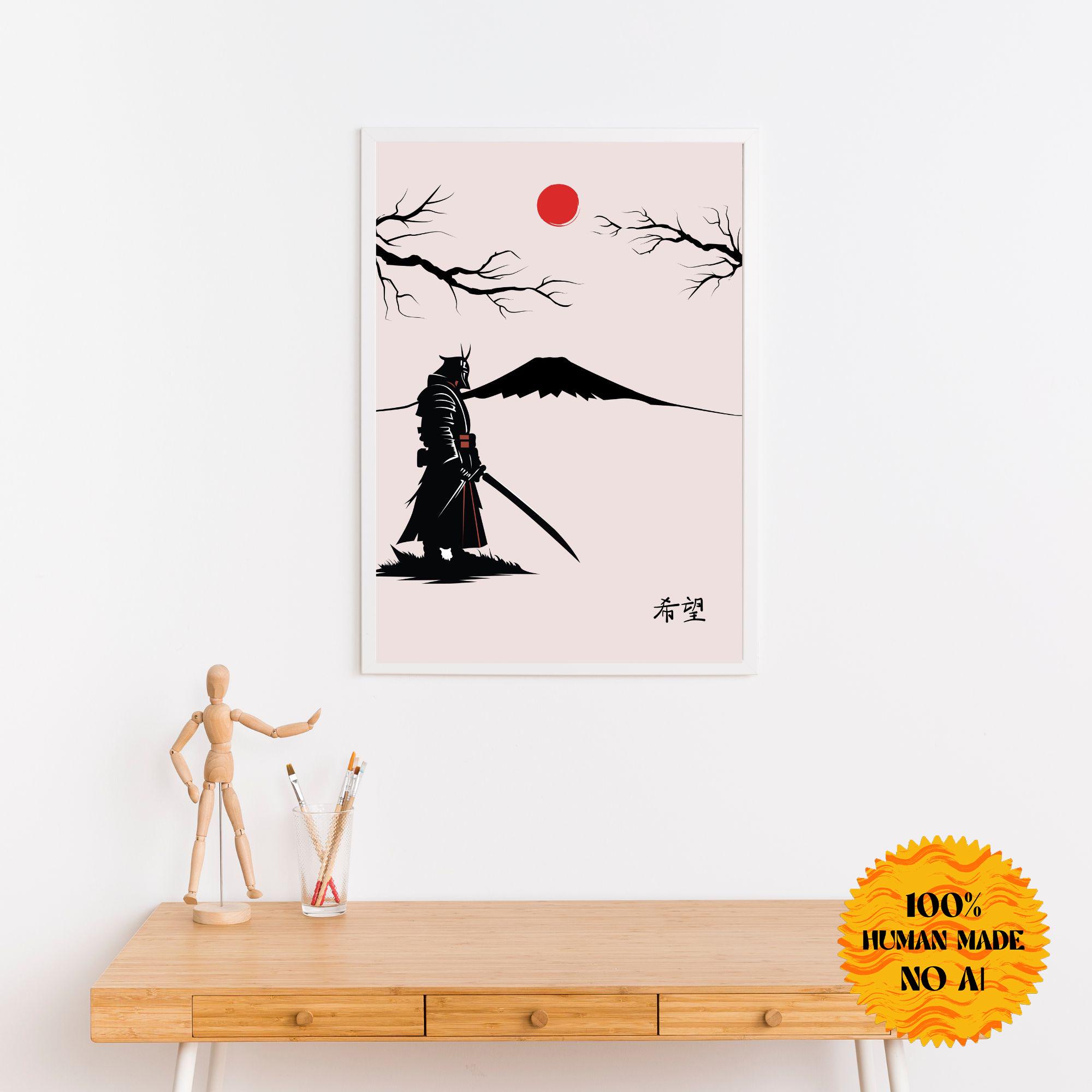 Samurai and Mount Fuji Wall Art – Japanese Minimalist Ink Style – Red ...