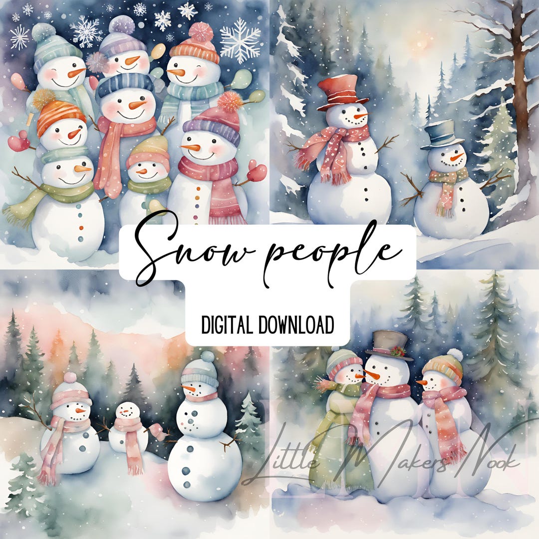 Set of 4 Watercolor Snowman Grouping Clip Art Set, Digital Download of ...