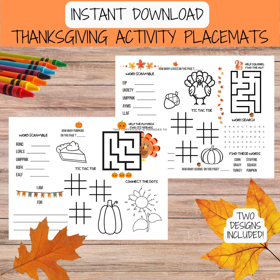 Thanksgiving Activity Placemat for Kids, Thanksgiving Printable ...