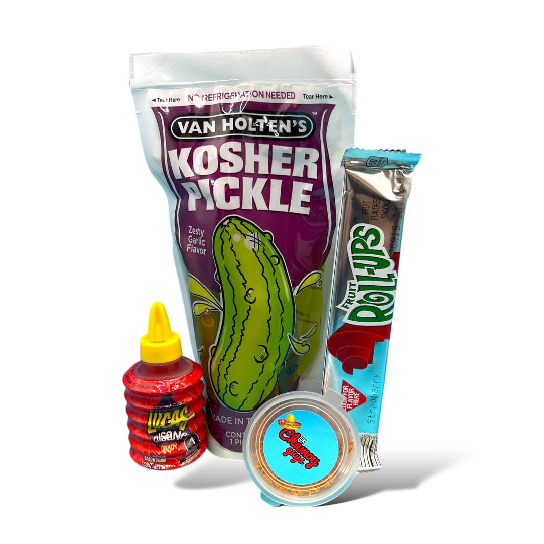 Chamoy Kosher Garlic Pickle Kit | Tajin, Fruit Roll Up - Etsy UK