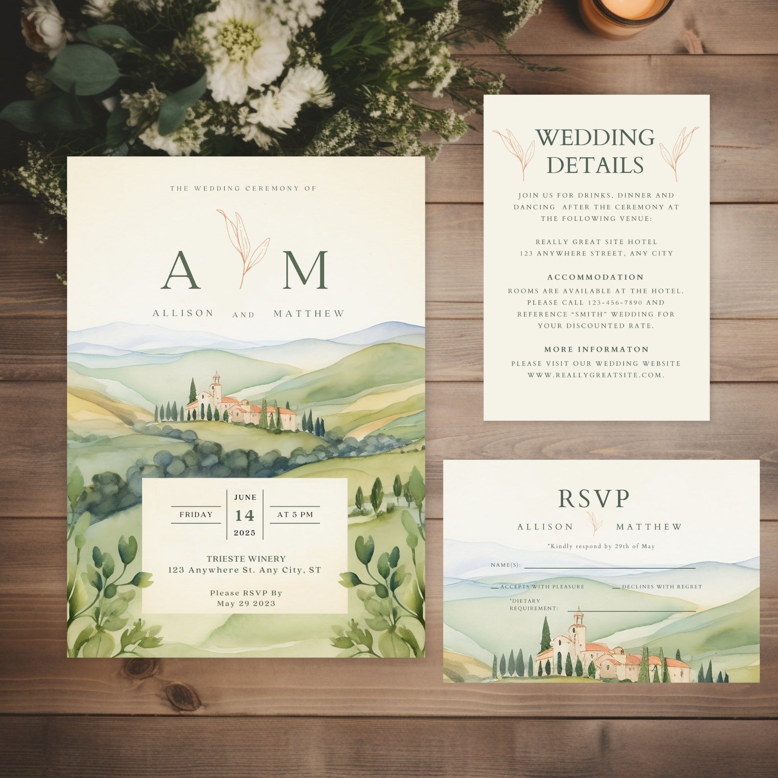 Tuscan Wedding Printable Invitation Suite Bundle- Watercolor Invitation ...