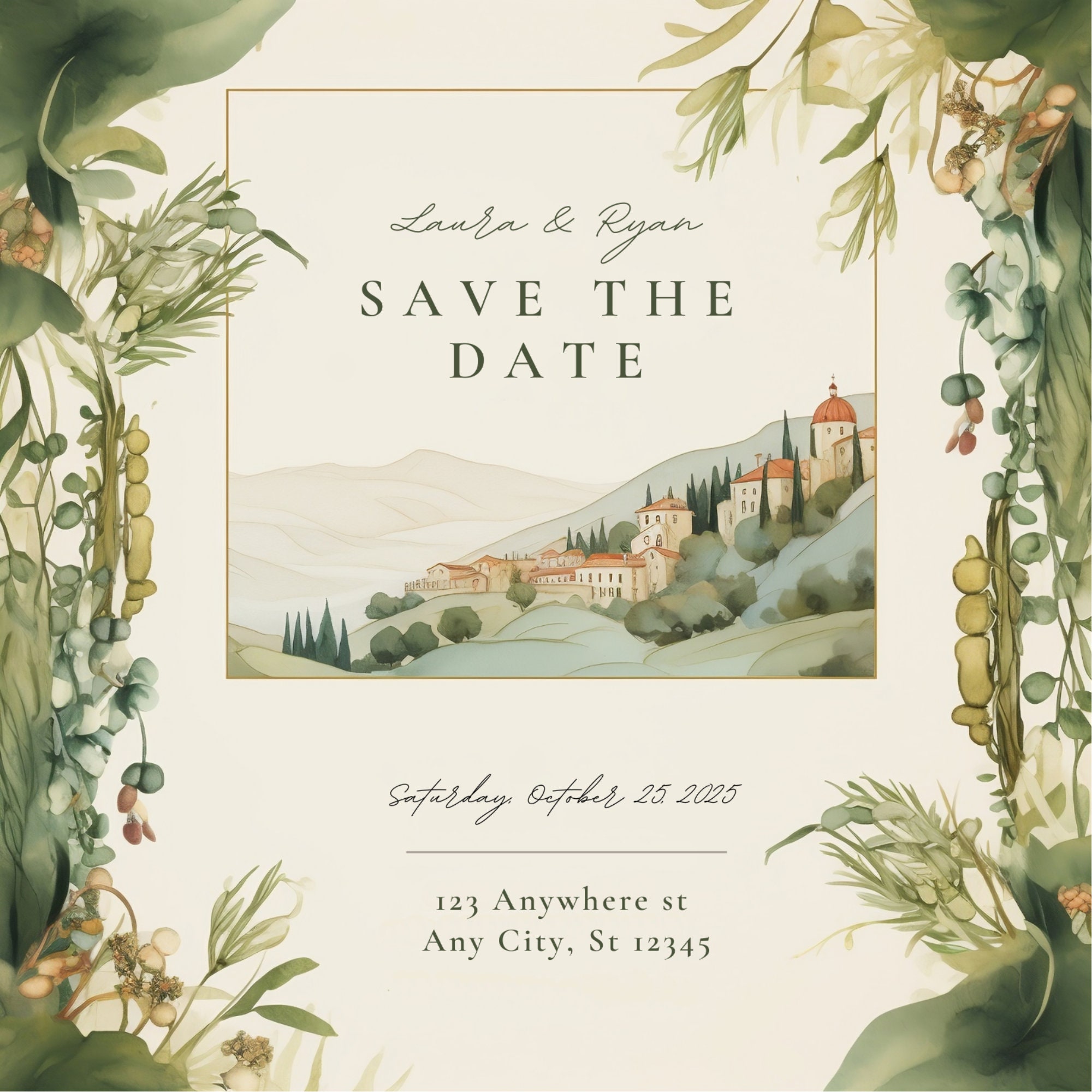 Tuscany Wedding or Save the Date Invitation, Watercolor Invite of ...