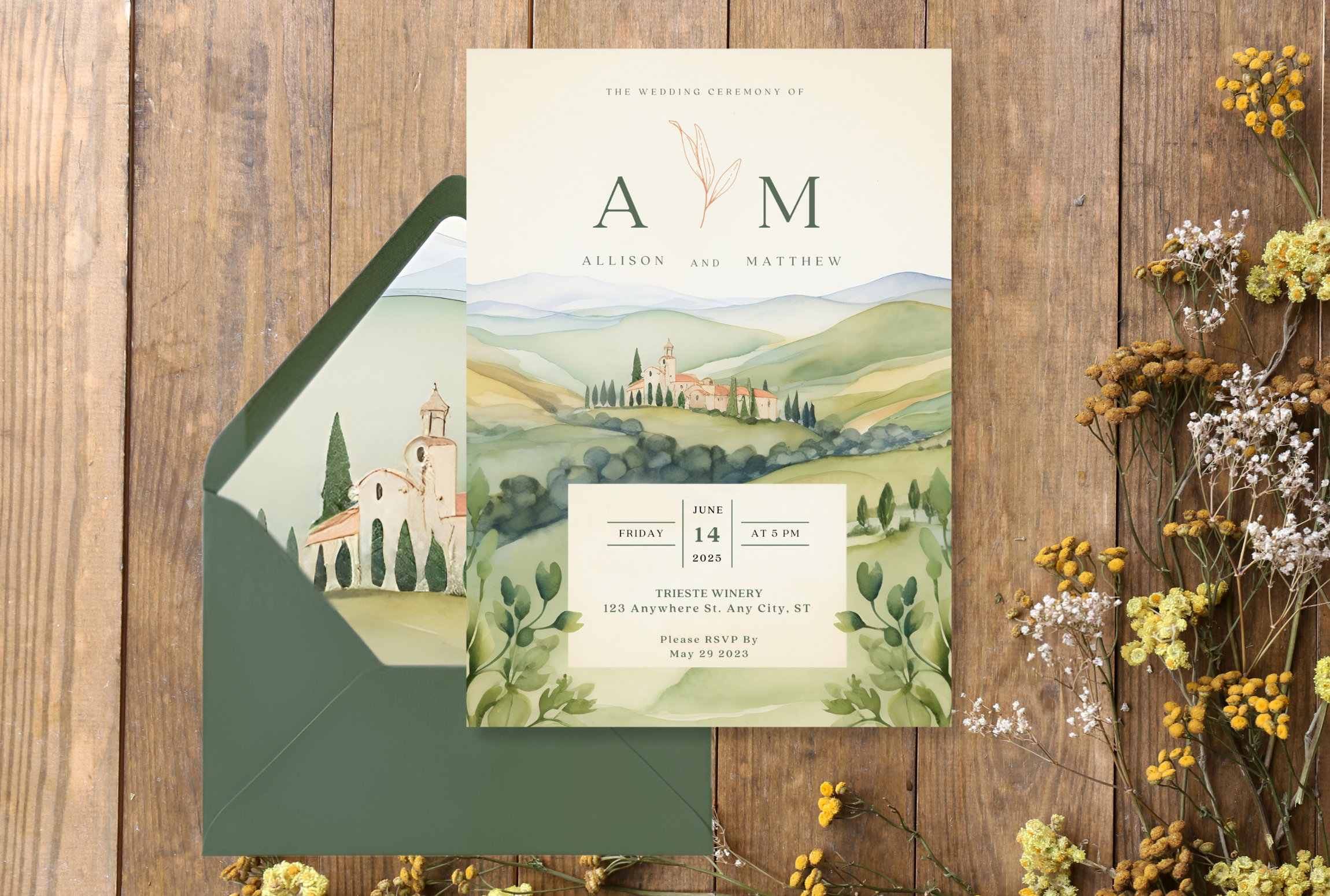Tuscan Wedding Printable Invitation Suite Bundle- Watercolor Invitation ...