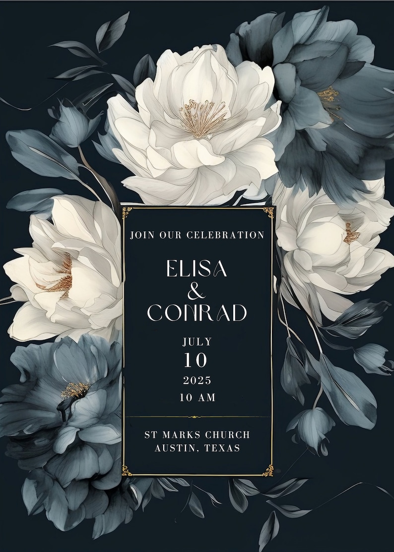 Enchanting Gothic Wedding Invitation: Dark & Dramatic Floral Design on Black Background With ...